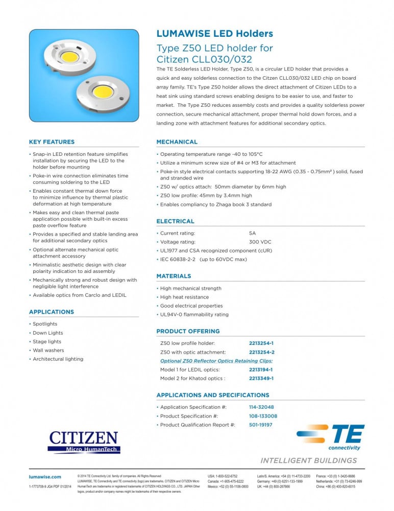 TE Connectivity LUMAWISE Type Z50 LED holder document page 1