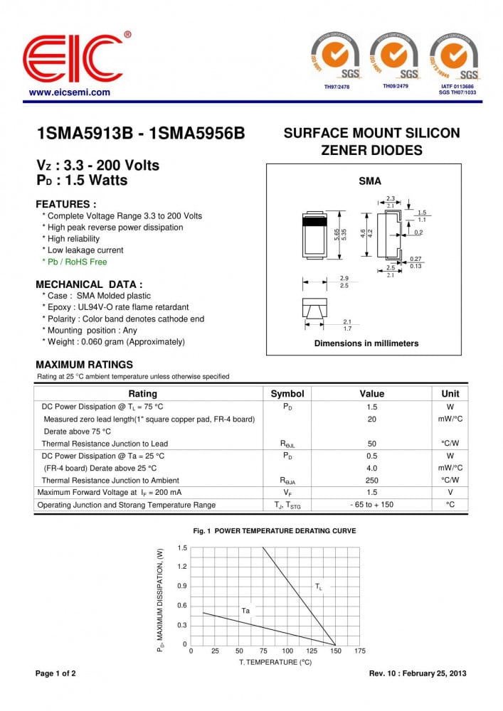 EIC 1SMA5921B datasheet page 1