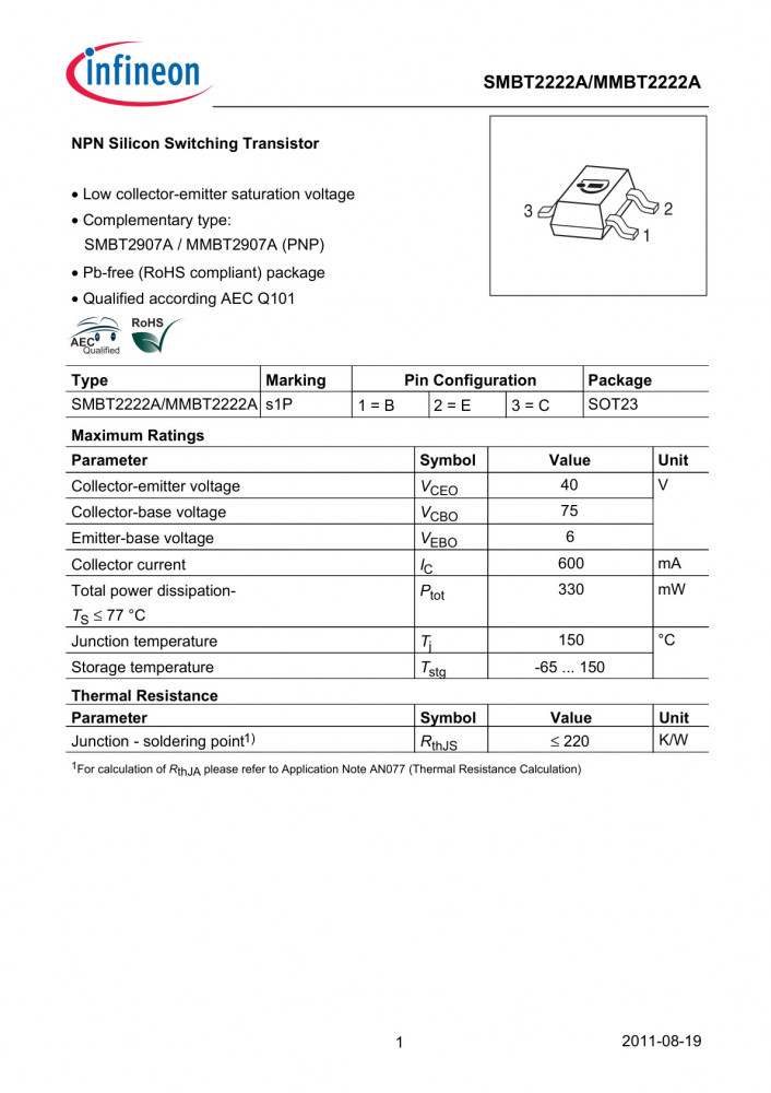 SMBT 2222A E6327 datasheet page 1