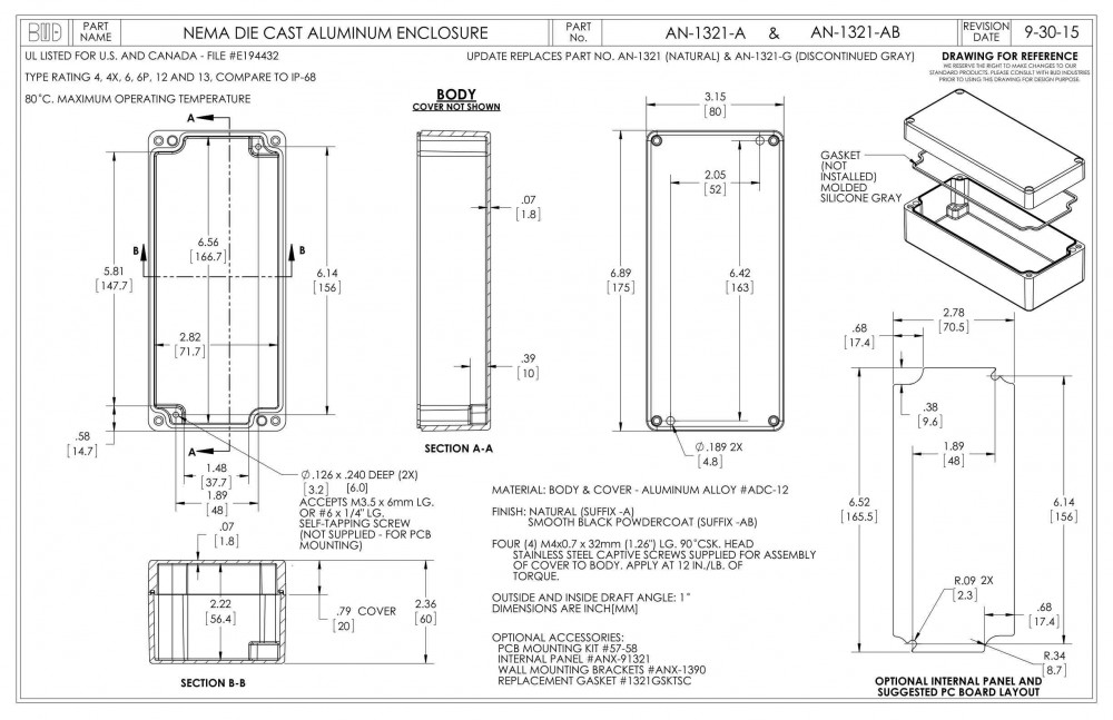 Bud Industries AN-1321-A enclosure reference drawing