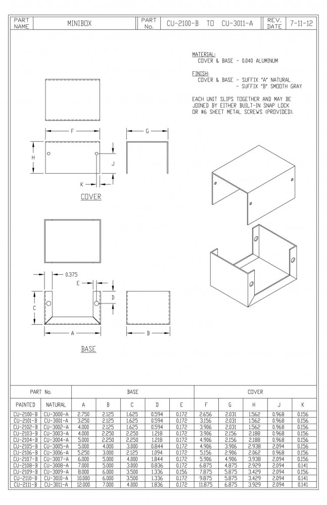 Bud Industries Minibox dimensional drawing, including CU-2109-B dimensions