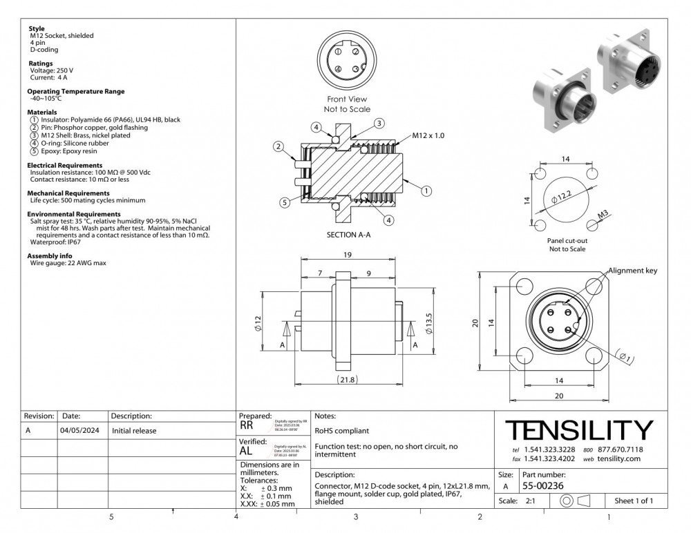 55-00236 M12 D-code socket product drawing and specification sheet