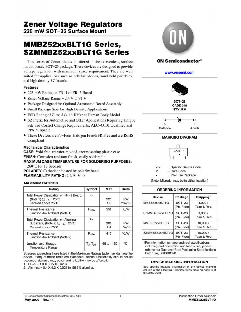 SZMMBZ5248BLT3G datasheet page 1