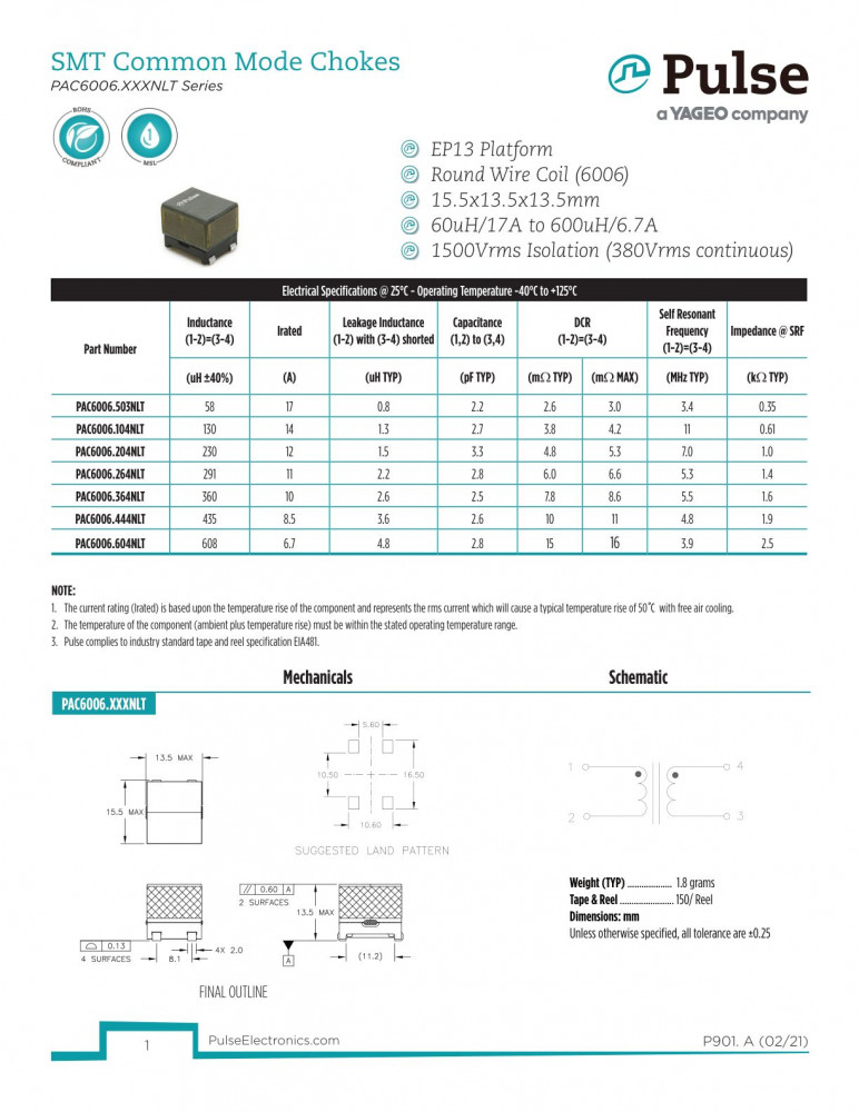 PAC6006 series electrical specifications