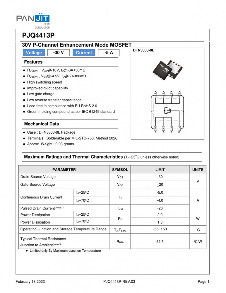 PJQ4413P datasheet page 1