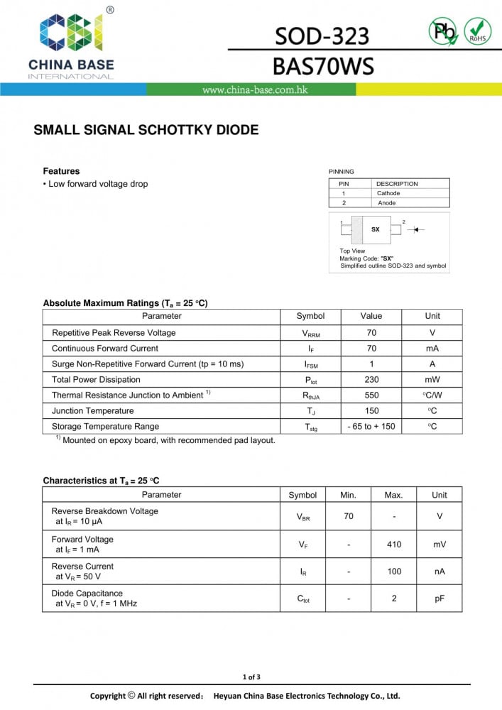 CBI BAS70WS datasheet page 1