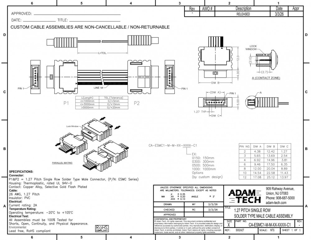 ADAM TECH 1.27 mm pitch single-row solder-type male cable assembly drawing