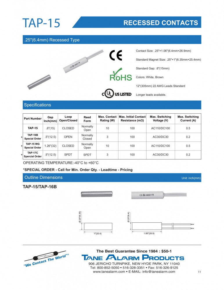TAP-15 recessed magnetic contact product documentation, page 1