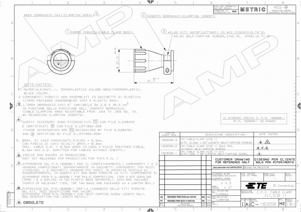 TE Connectivity 182658 cable clamp drawing preview