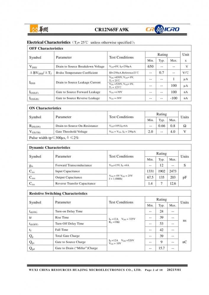 CR12N65FA9K datasheet page 2