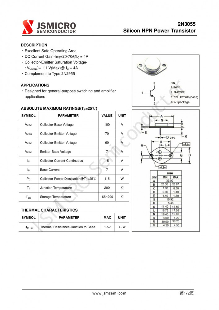 JSMSEMI 2N3055 datasheet page 1
