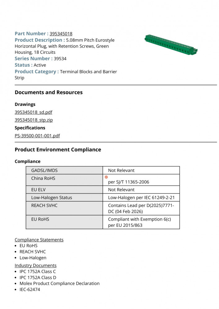 MOLEX ESE Eurostyle terminal block specification page 1