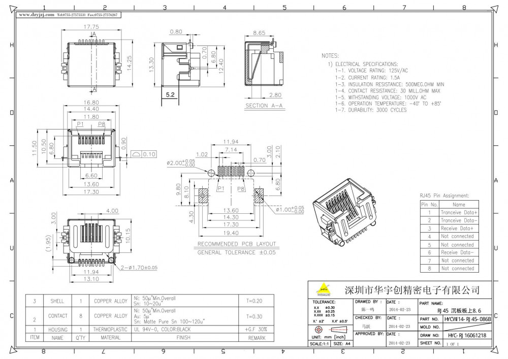 HOAUC HYCW114-RJ45-086B technical drawing