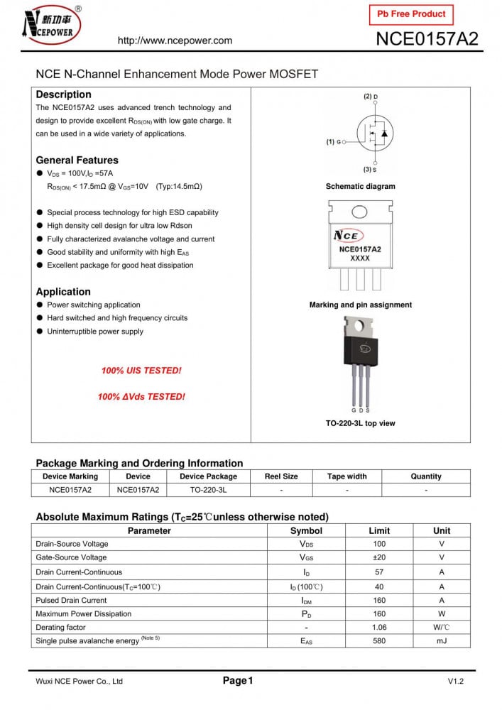 NCE0157A2 datasheet page 1