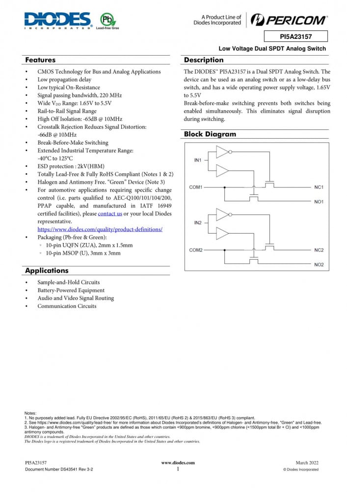 PI5A23157 datasheet page 1