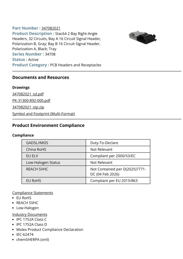 Technical document page 1 for MOLEX 347082021