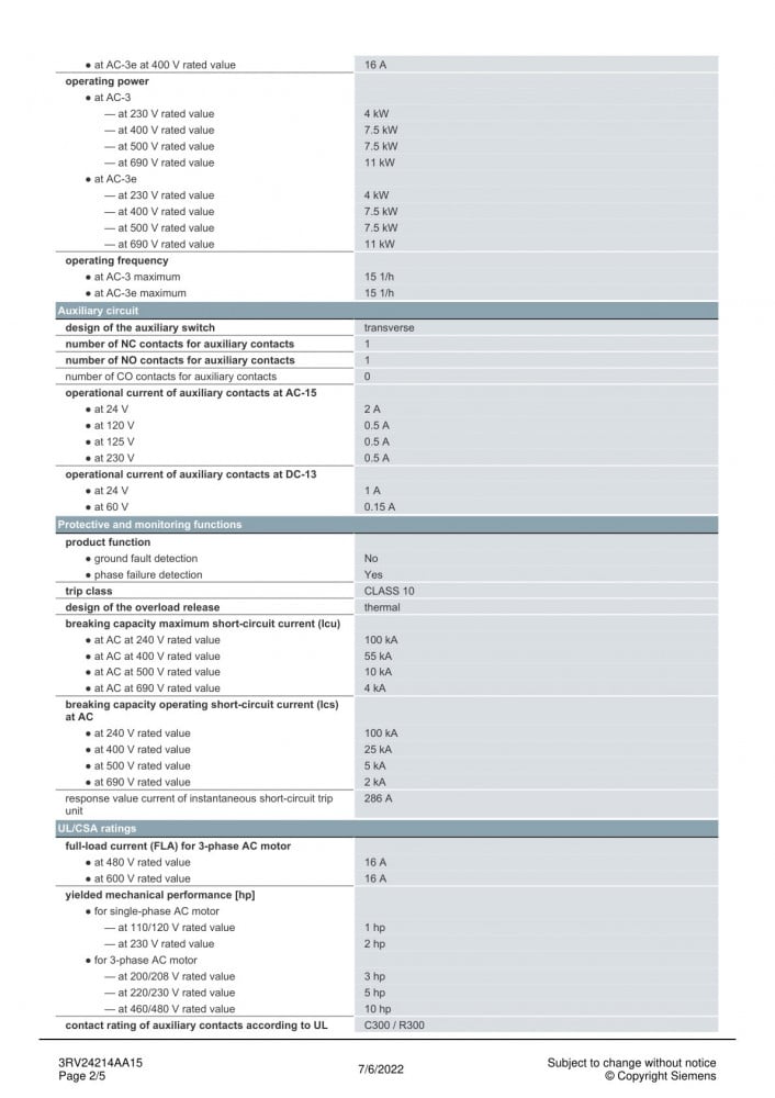 3RV24214AA15 datasheet page 2