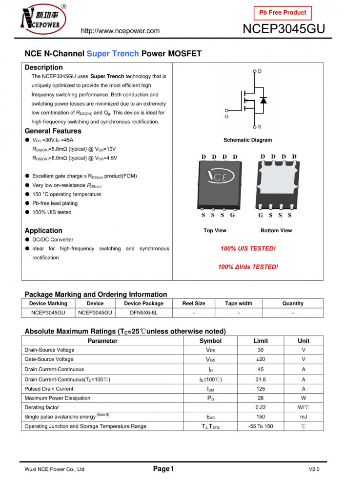 NCEP3045GU datasheet page 1