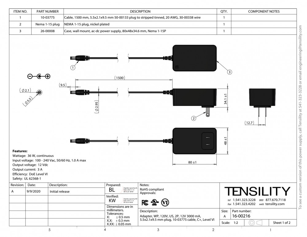 Tensility 16-00216 product drawing, page 1