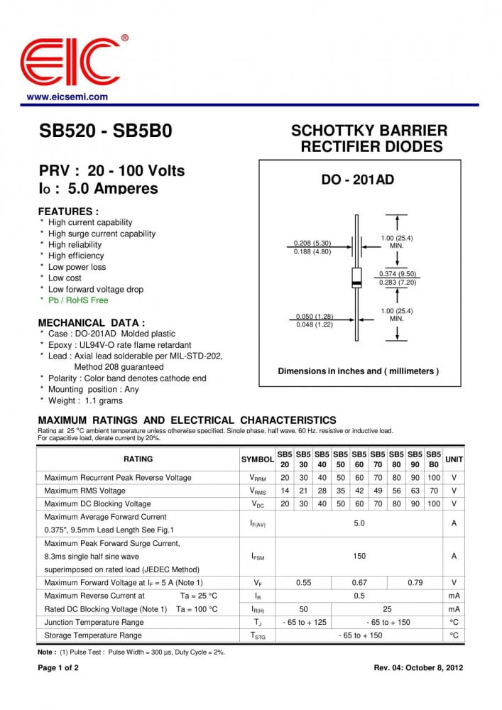 EIC SB5B0 datasheet page 1