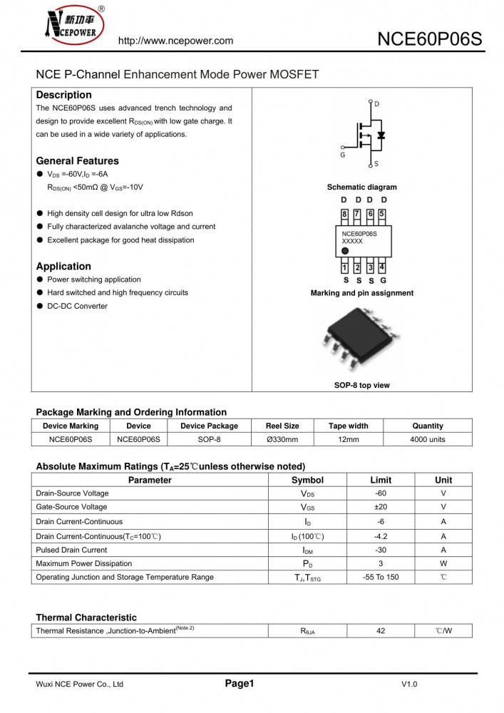 NCE60P06S datasheet page 1
