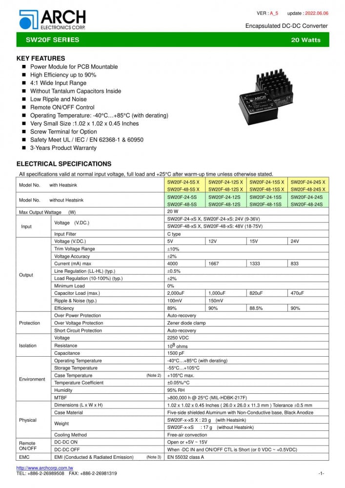 ARCH SW20F product datasheet page 1