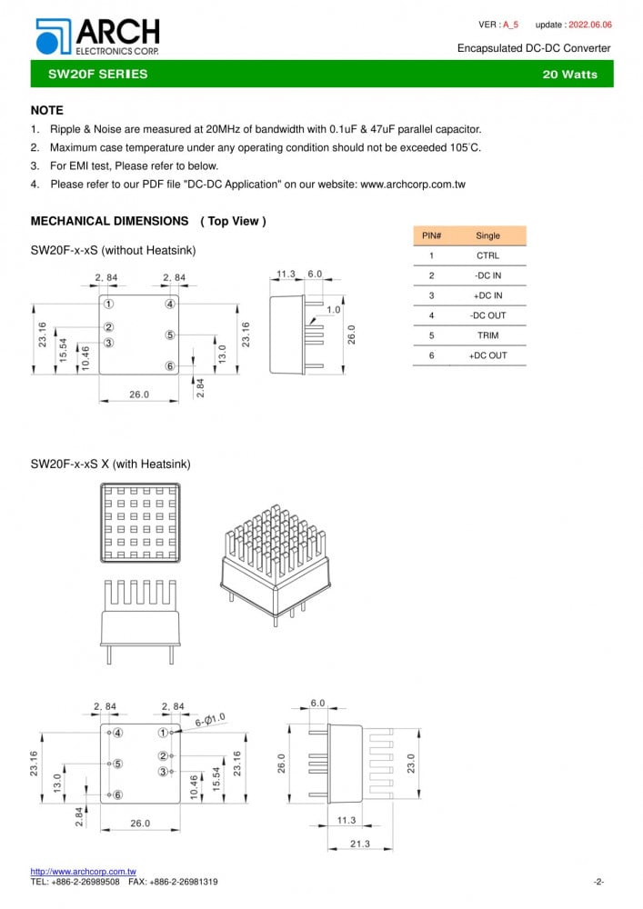 ARCH SW20F product datasheet page 2