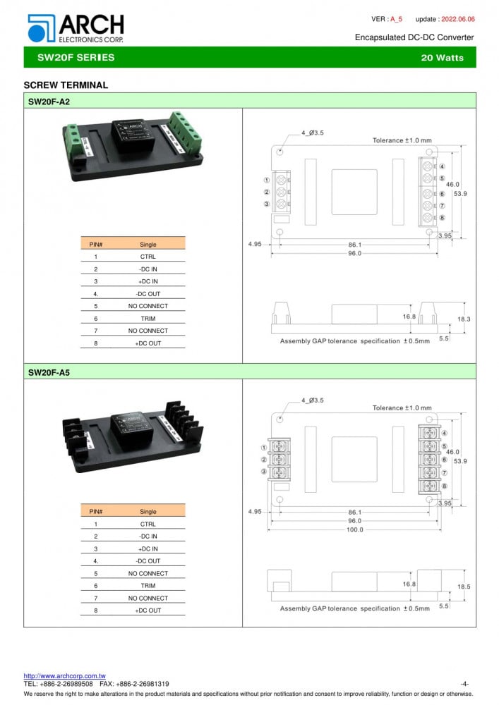 ARCH SW20F product datasheet page 4