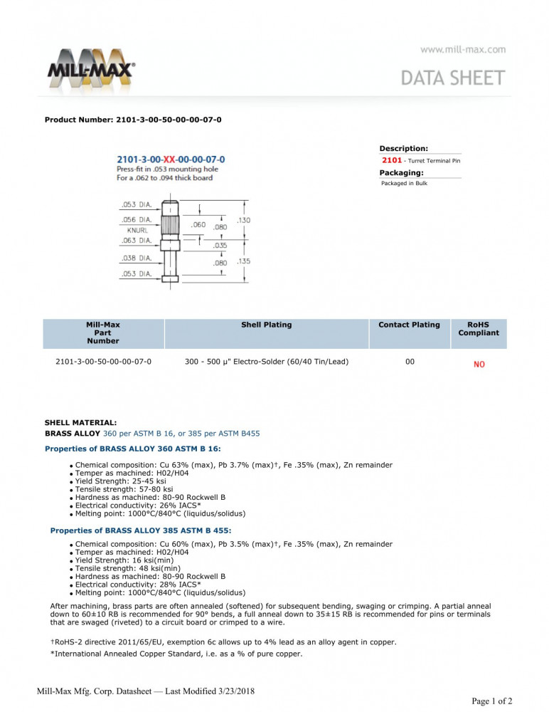 Mill-Max 2101 product documentation page 1