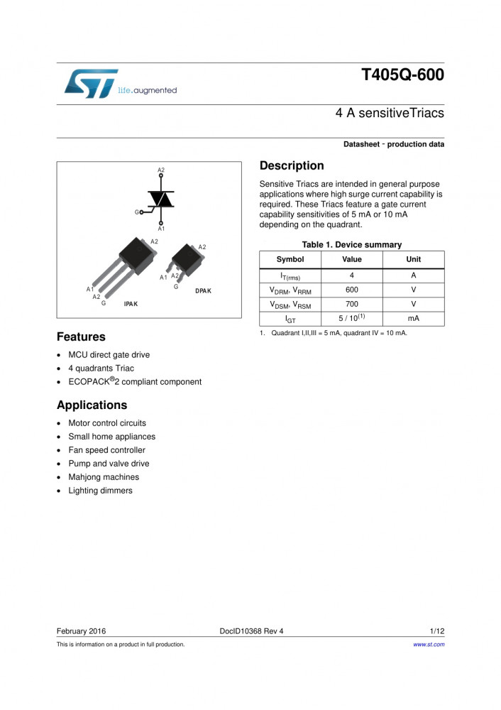 T405Q-600B-TR datasheet page 1