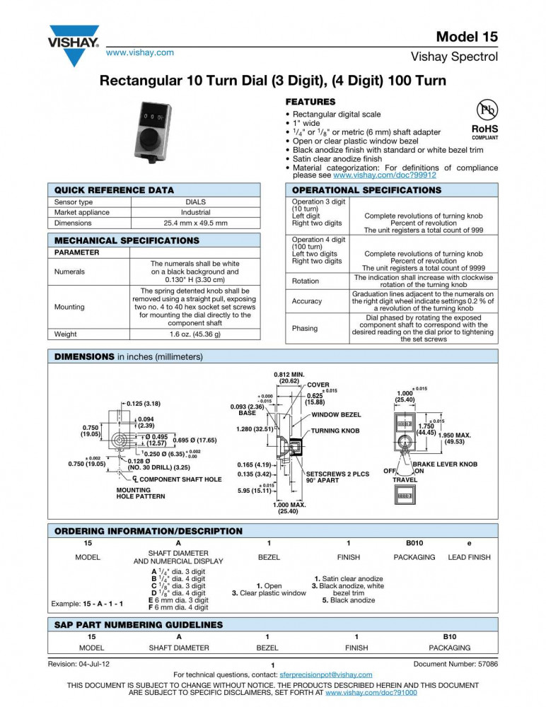 15-series rectangular dial documentation, page 1