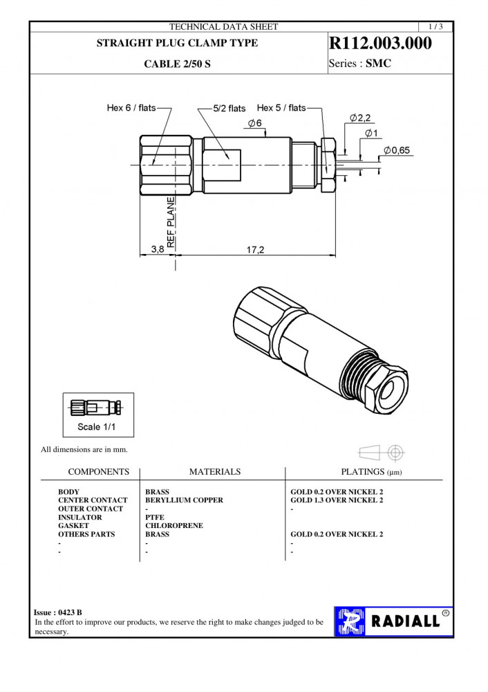 Radiall R112003000 technical data sheet, page 1
