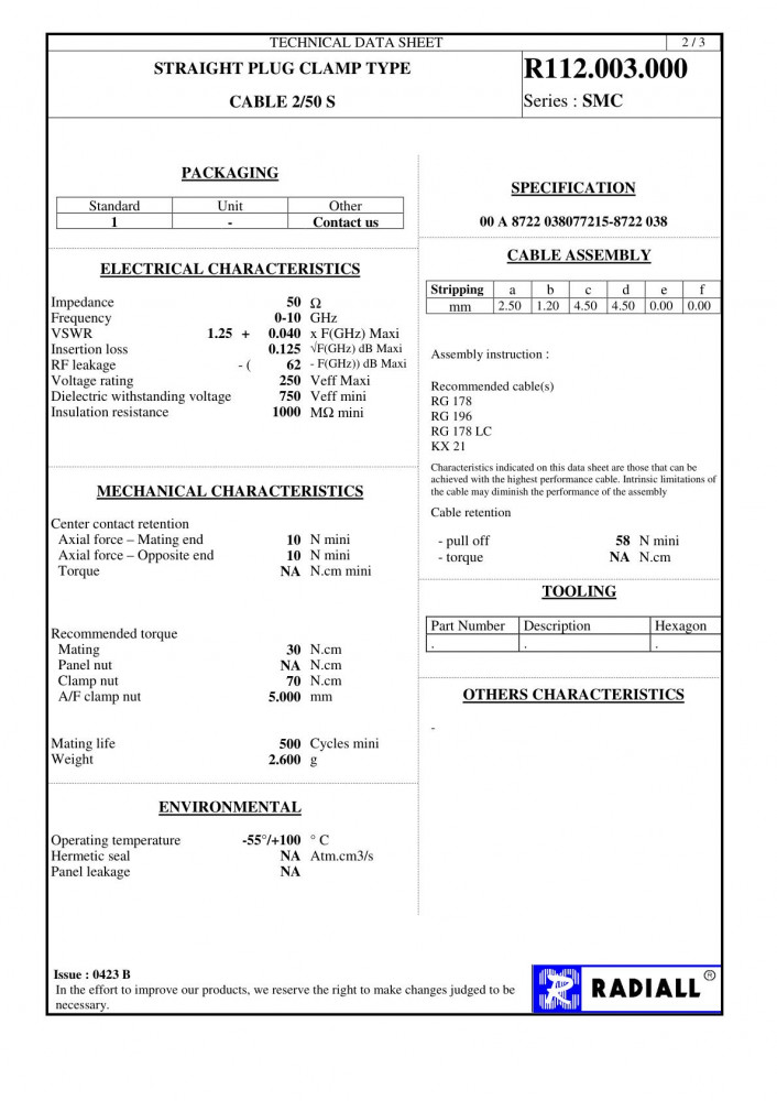 Radiall R112003000 technical data sheet, page 2