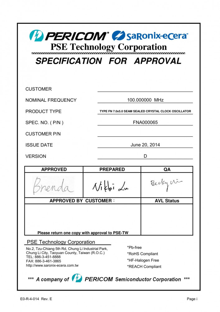 FNA000065 specification page 1