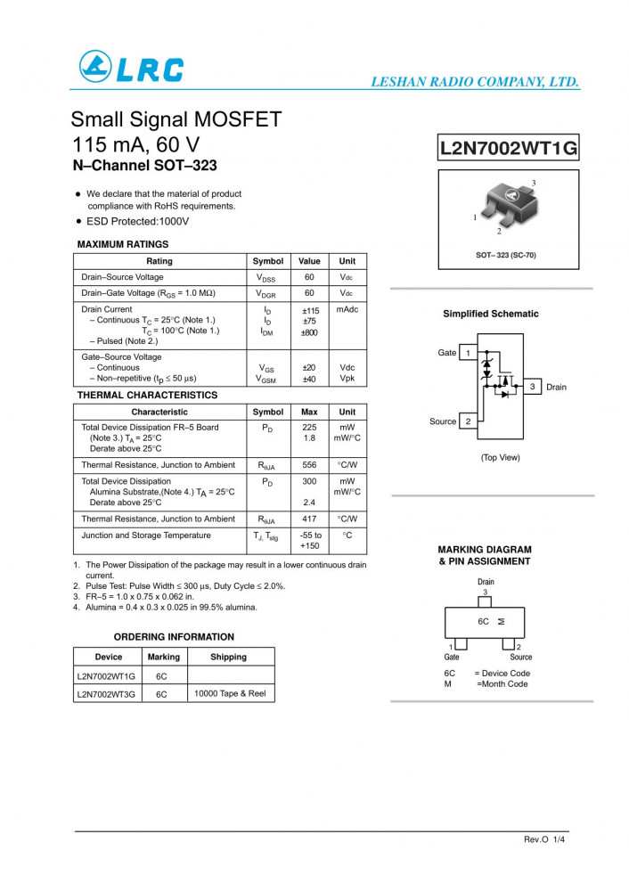 L2N7002WT1G datasheet page 1