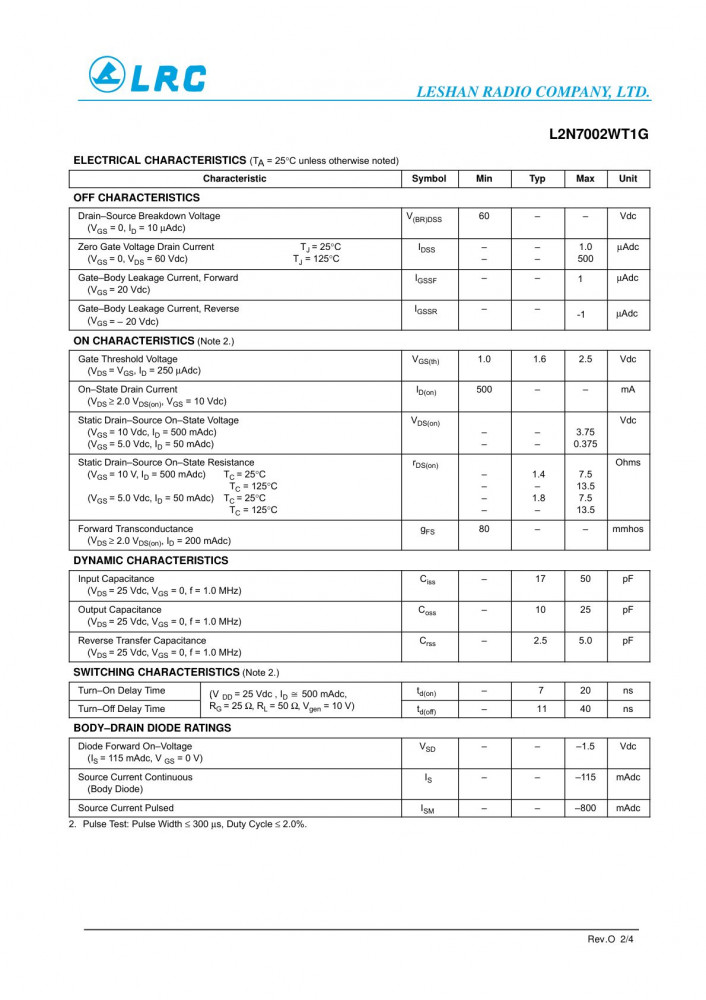 L2N7002WT1G datasheet page 2