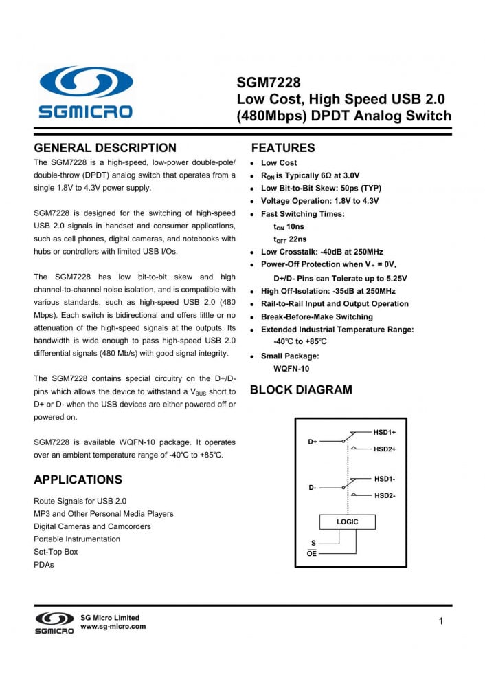 SGM7228 datasheet page 1