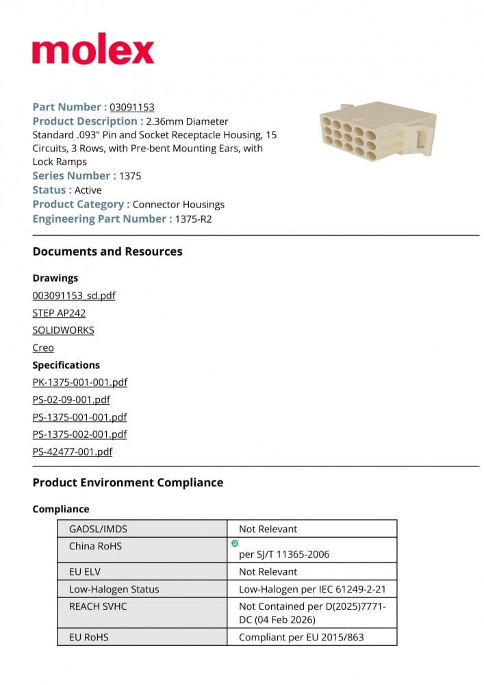 Molex .093 Standard Pin and Socket connector document image 1