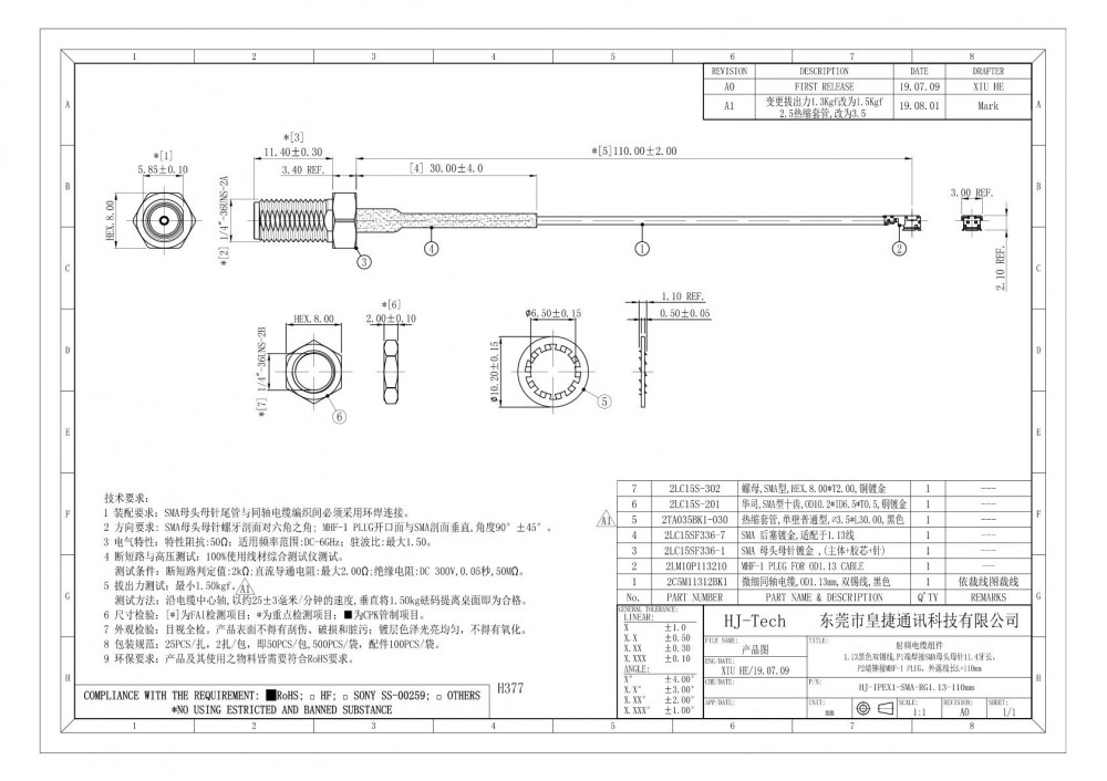 HJ-IPEX1-SMA-RG1.13-110mm product drawing