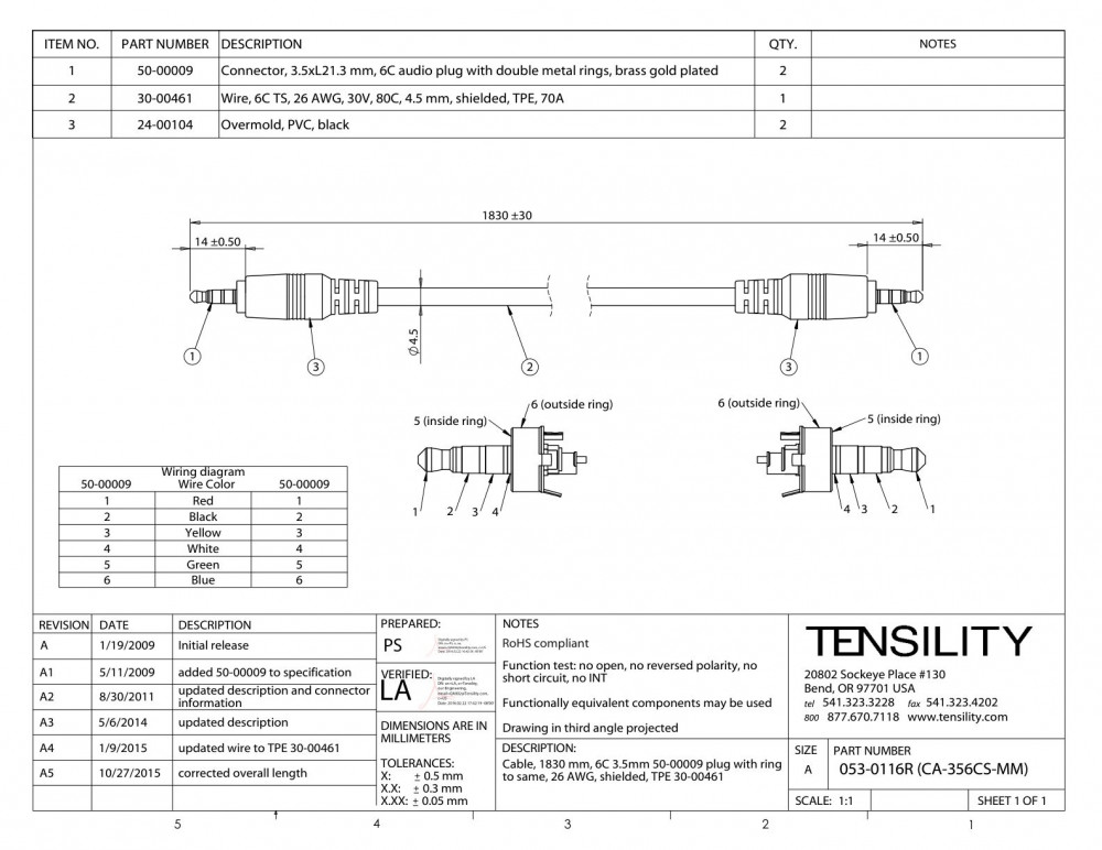 Tensility 053-0116R cable assembly technical drawing
