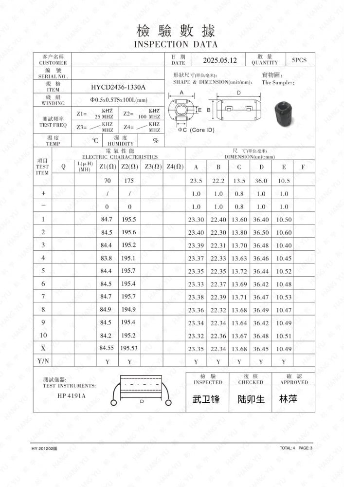 HYCD2436-1330A inspection data
