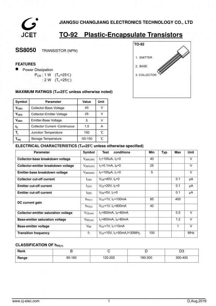 SS8050 datasheet page 1