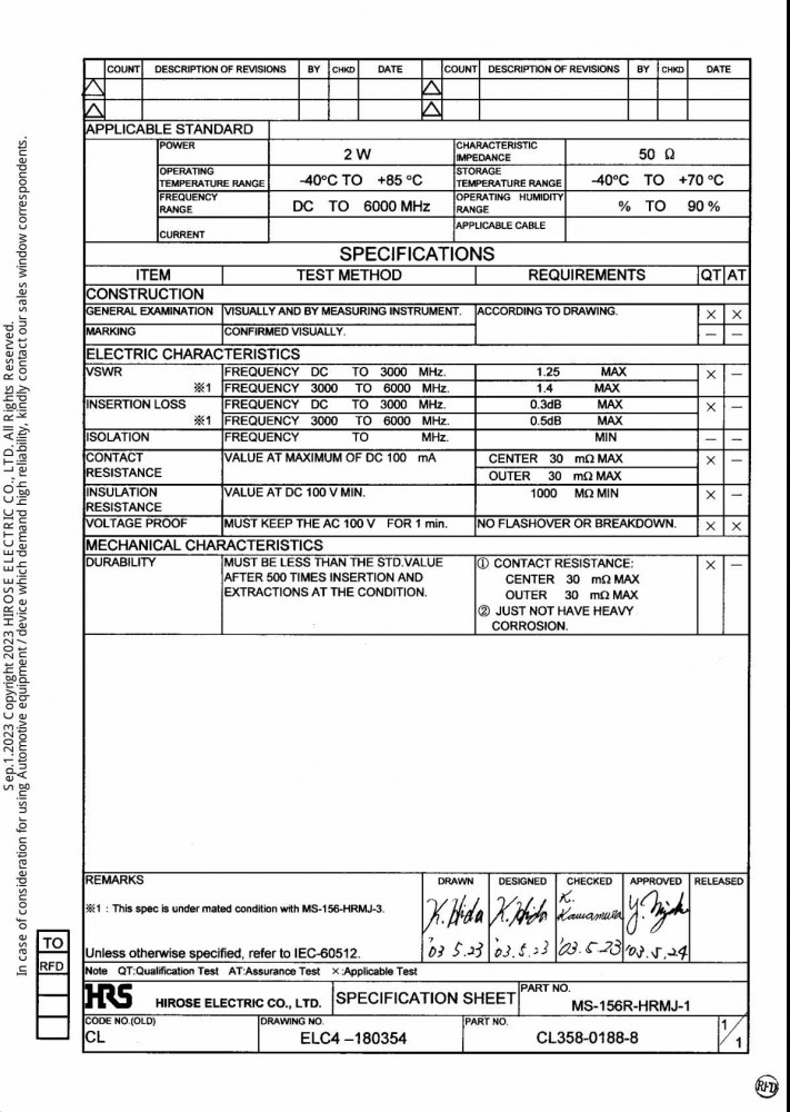 HRS MS-156R-HRMJ-1 specification sheet