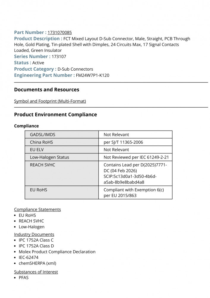 MOLEX 1731070085 technical document page 1
