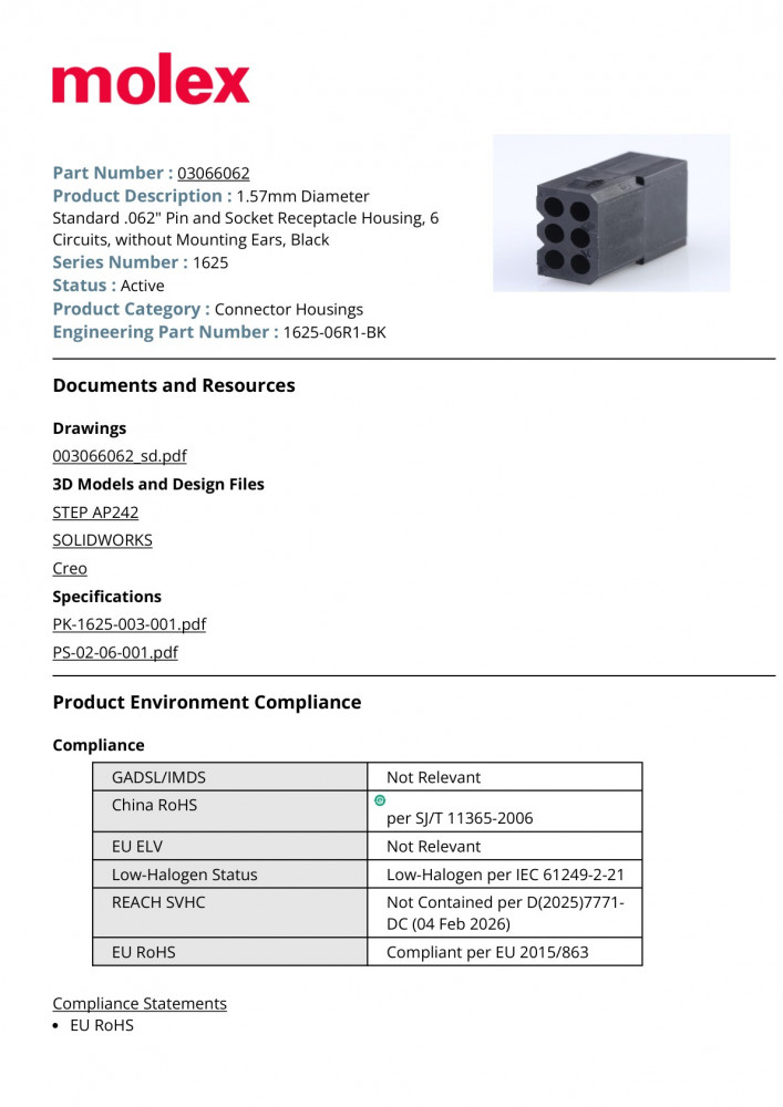 MOLEX connector product specification, page 1