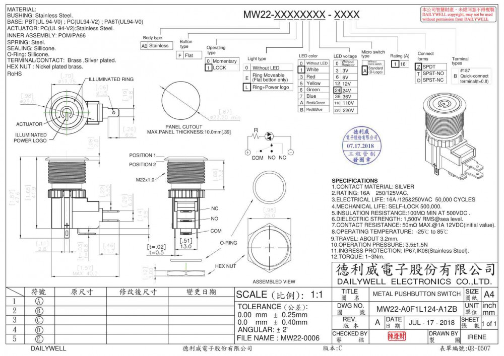 Dailywell MW22-A0F1L124-A1ZB technical drawing