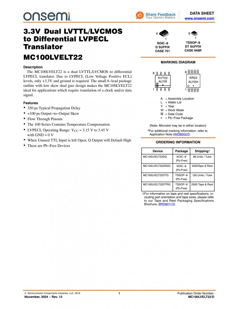 MC100LVELT22 datasheet page 1