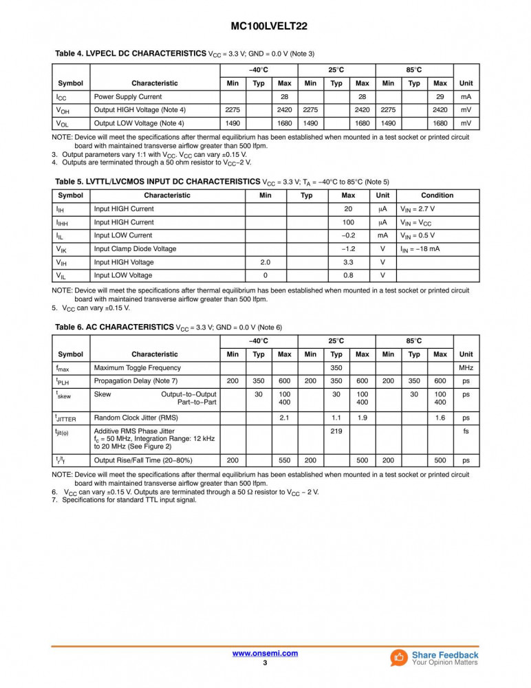 MC100LVELT22 datasheet page 3