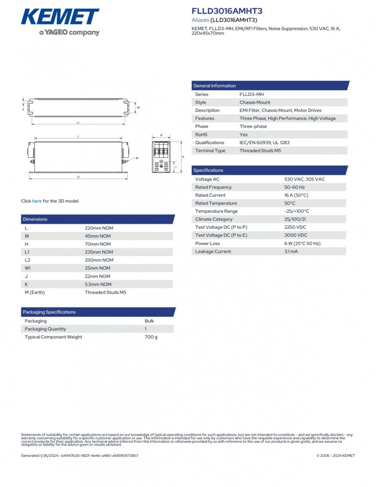 KEMET FLLD3016AMHT3 technical document
