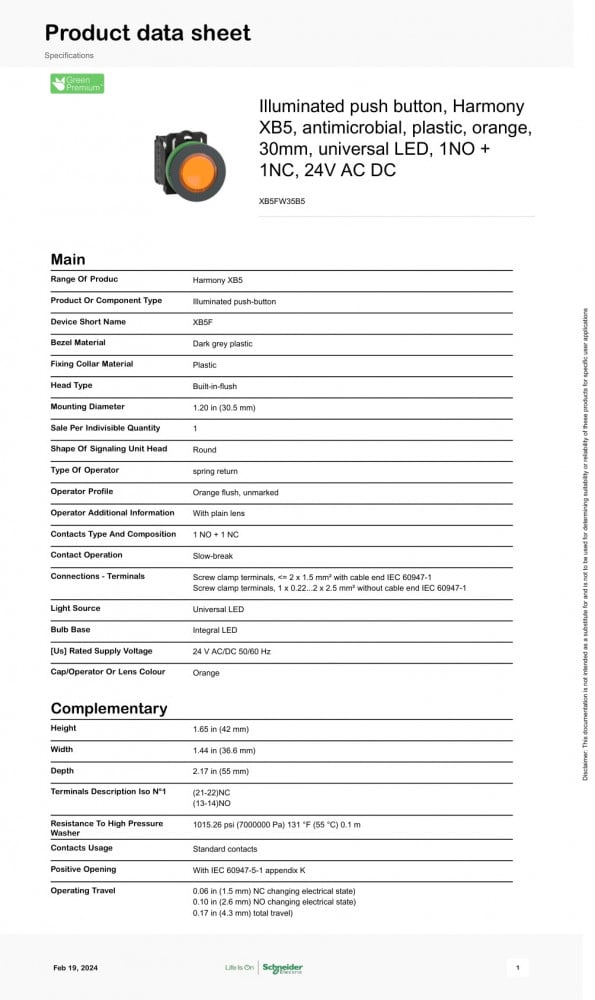 XB5FW35B5 technical document page 1